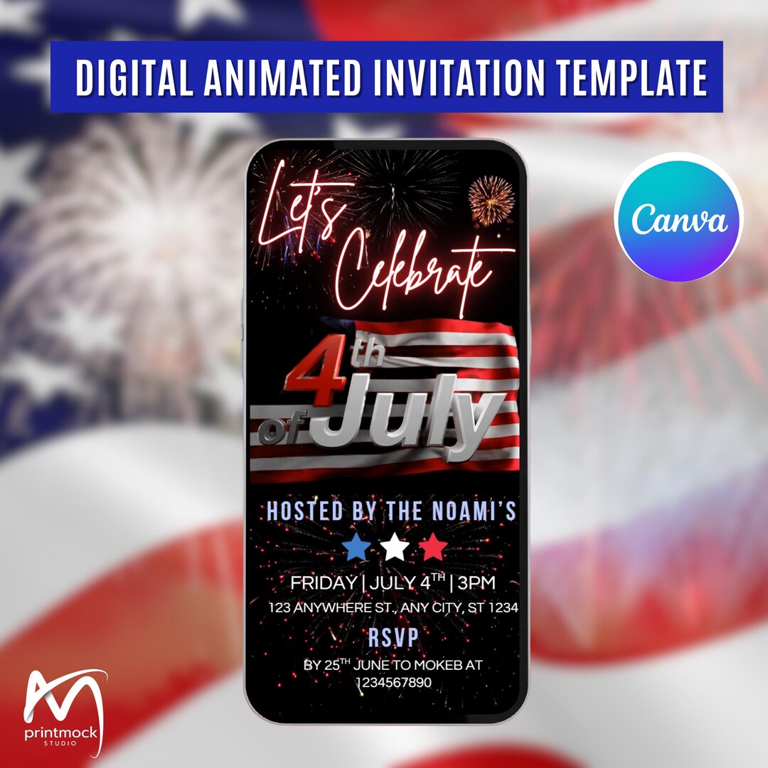 July 4th Invitation With Fireworks, Digital Independence Day Party ...