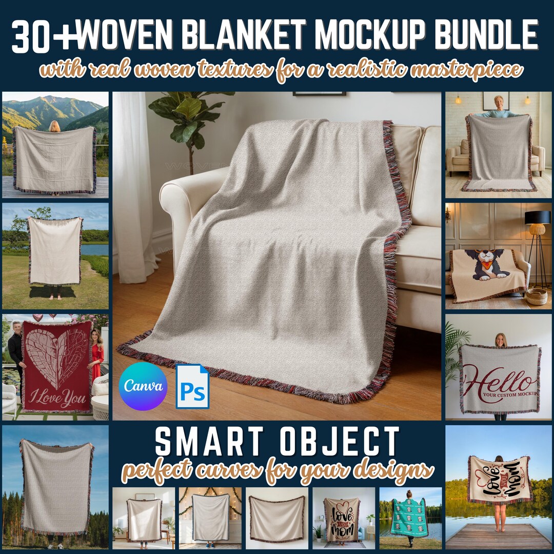 30+ Woven Blanket Mockup Bundle Canva Photoshop Woven Throw Blanket ...