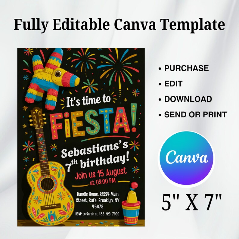 Fiesta Birthday Invitation, Pinata and Guitar Theme, Colorful Mexican ...