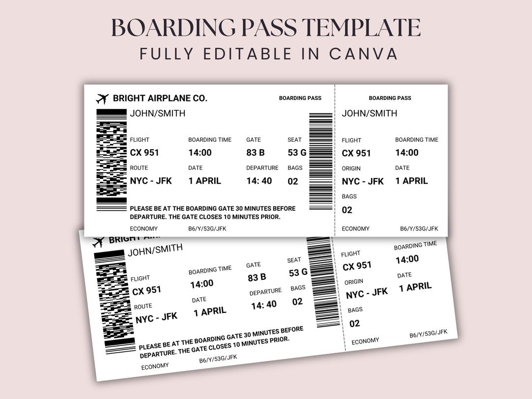 Printable Boarding Pass Gift, Editable Boarding Pass Template, Airline ...