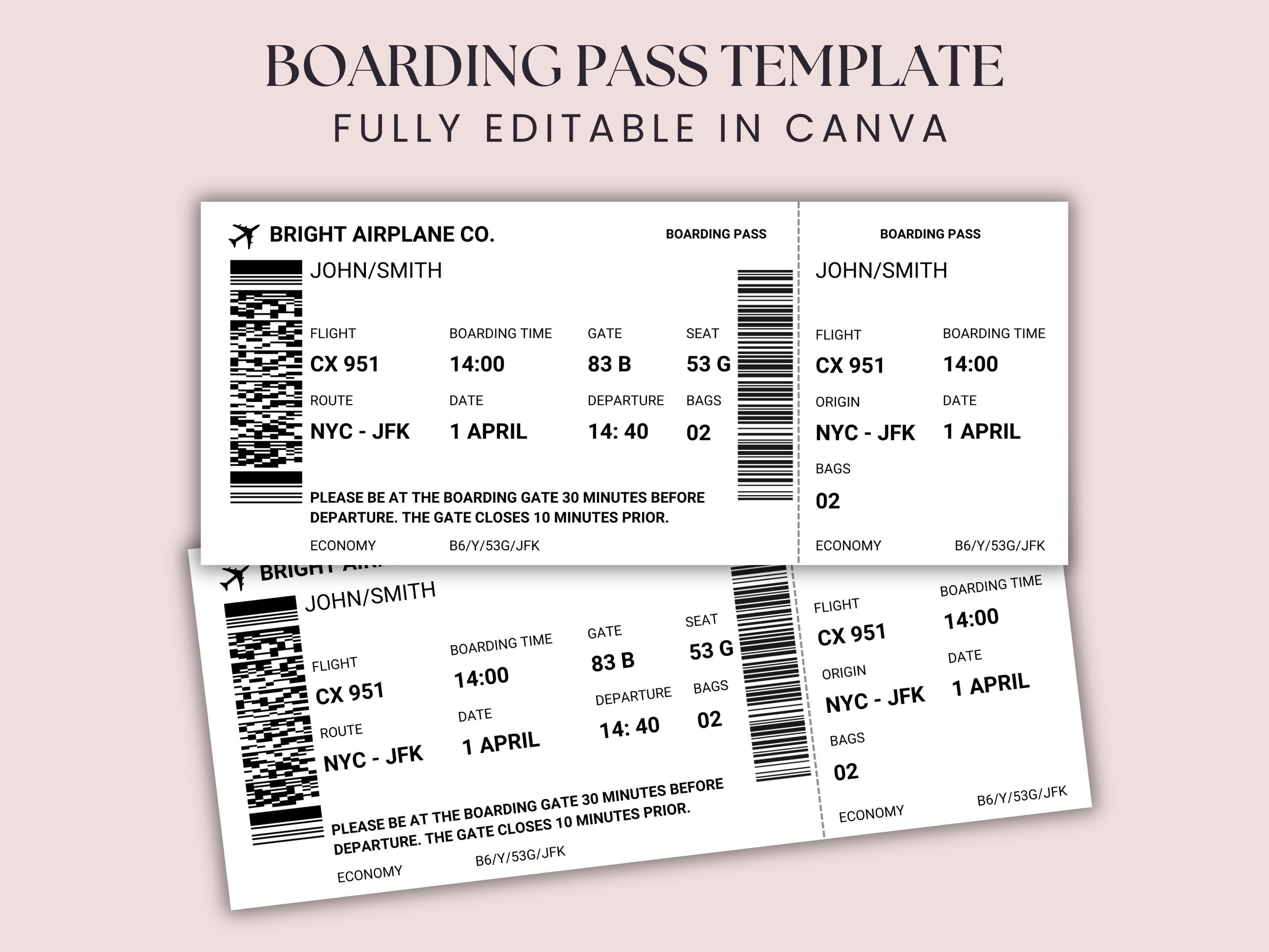 Printable Boarding Pass Gift, Editable Boarding Pass Template, Airline ...