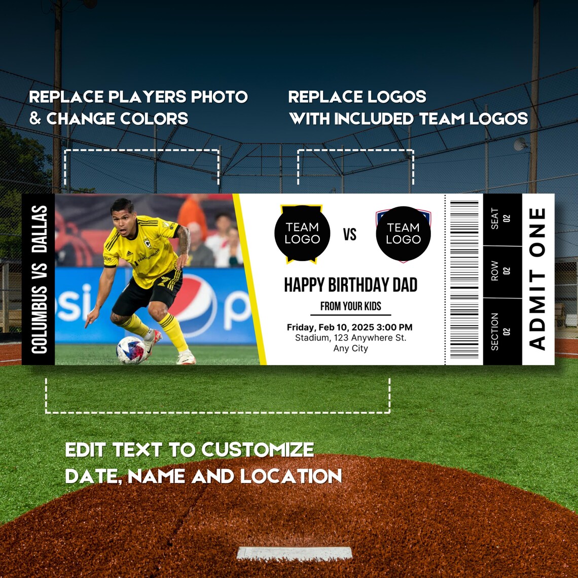 Editable Soccer Game Ticket Template, Custom Soccer Surprise Game ...