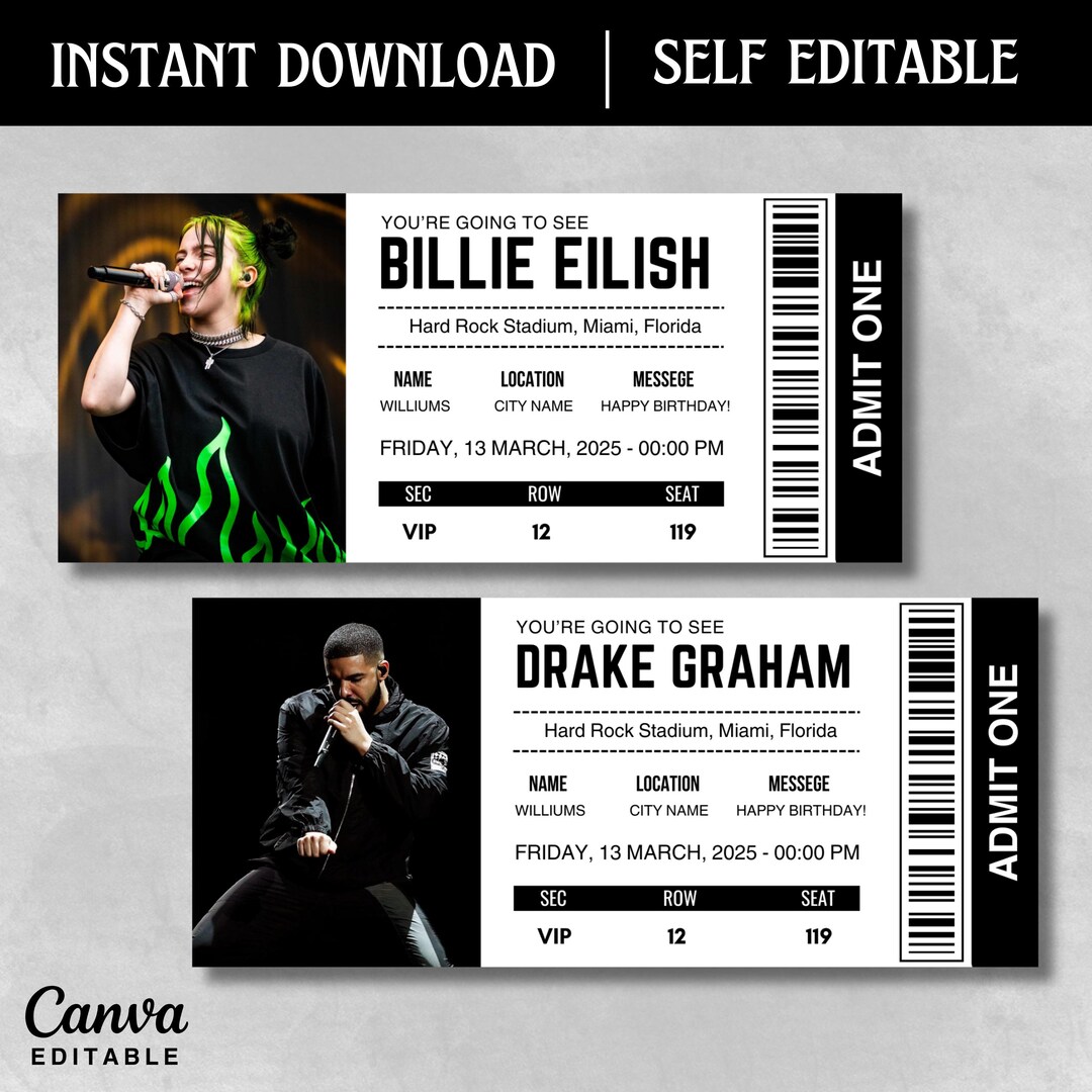 Editable Concert Ticket Template, Printable Concert Tickets, Birthday ...