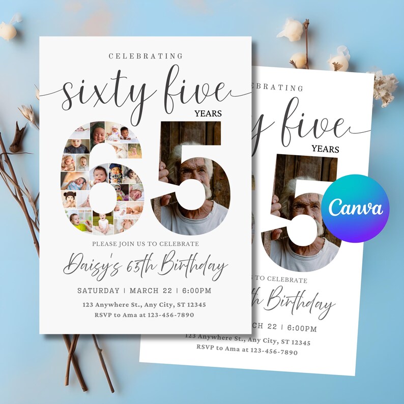 65th Birthday Invitation TEMPLATE With Photo Collage, Celebrating 65 ...