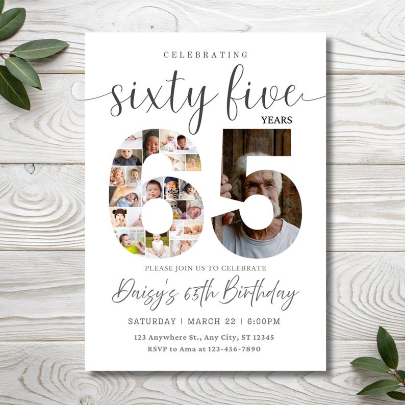 65th Birthday Invitation TEMPLATE With Photo Collage, Celebrating 65 ...