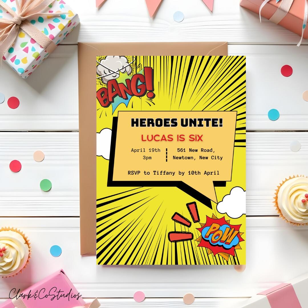 Editable Superhero Birthday Invitation, Comic Birthday Invite, Comic ...