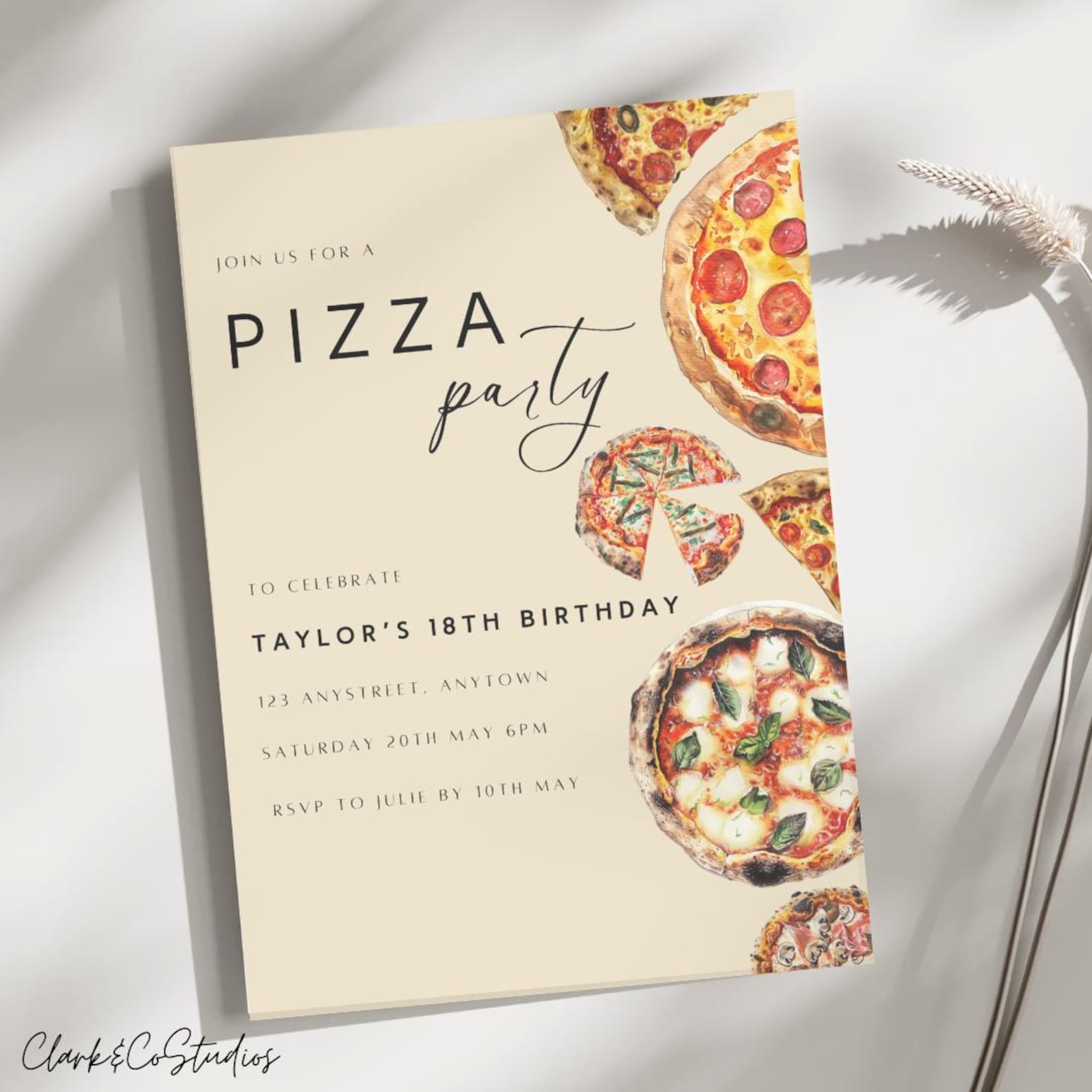 Editable Pizza Party Invitation Template: Watercolor Style (digital ...