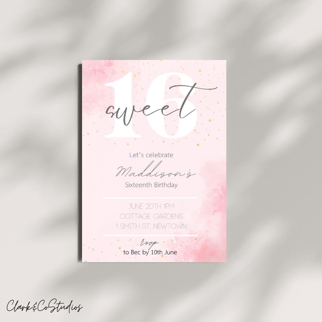 Editable Sweet 16 Invitation Template: Pink Watercolor (digital ...