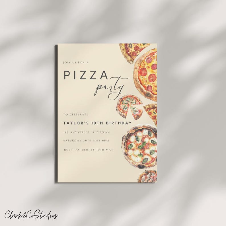 Editable Pizza Party Invitation Template: Watercolor Style (digital ...