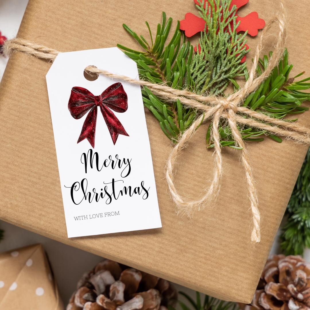 Set of 9 Printable Christmas Red Bow Gift Tags, Gift Tag, Digital ...