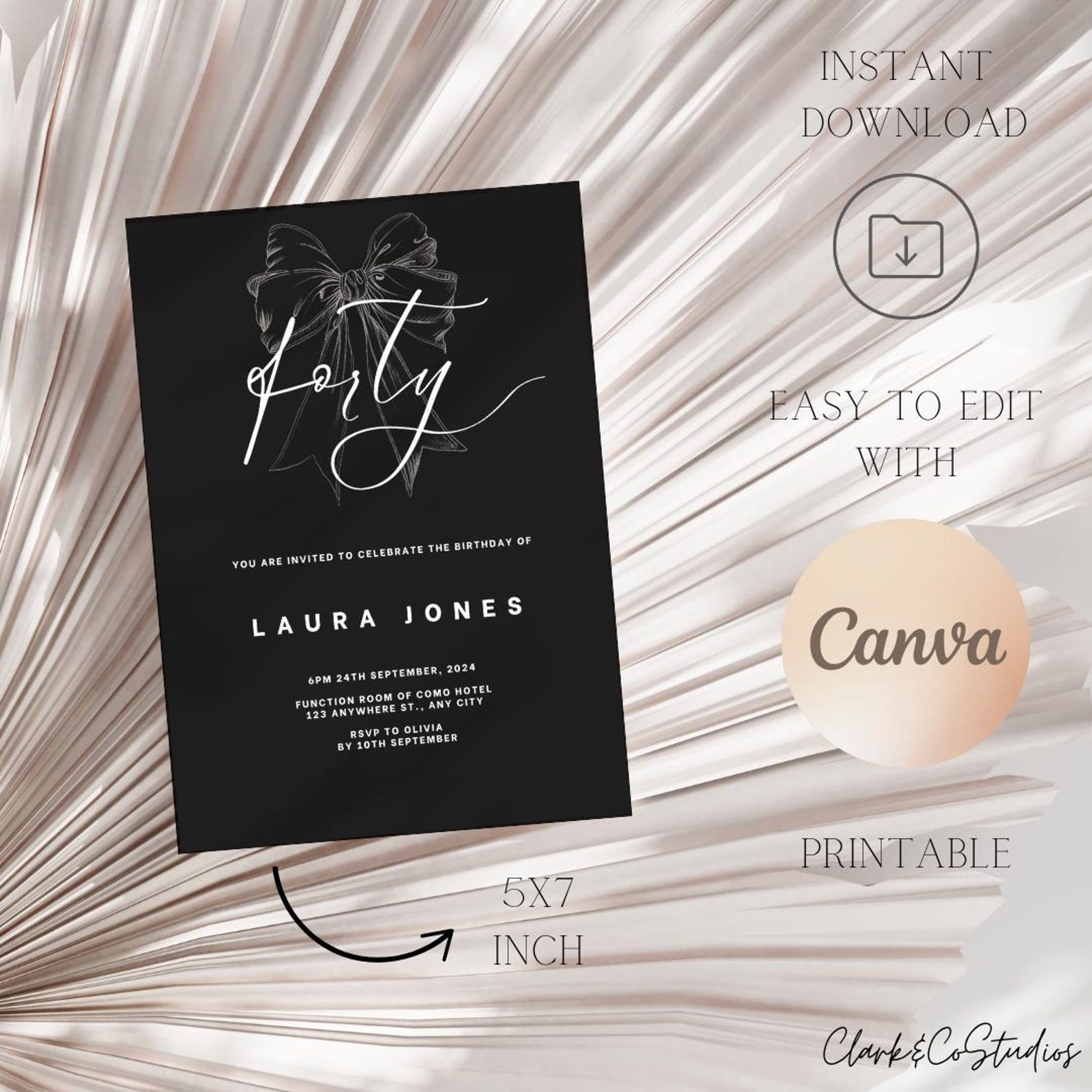Editable 40th Birthday Invitation Template: Elegant Bow Design (digital ...