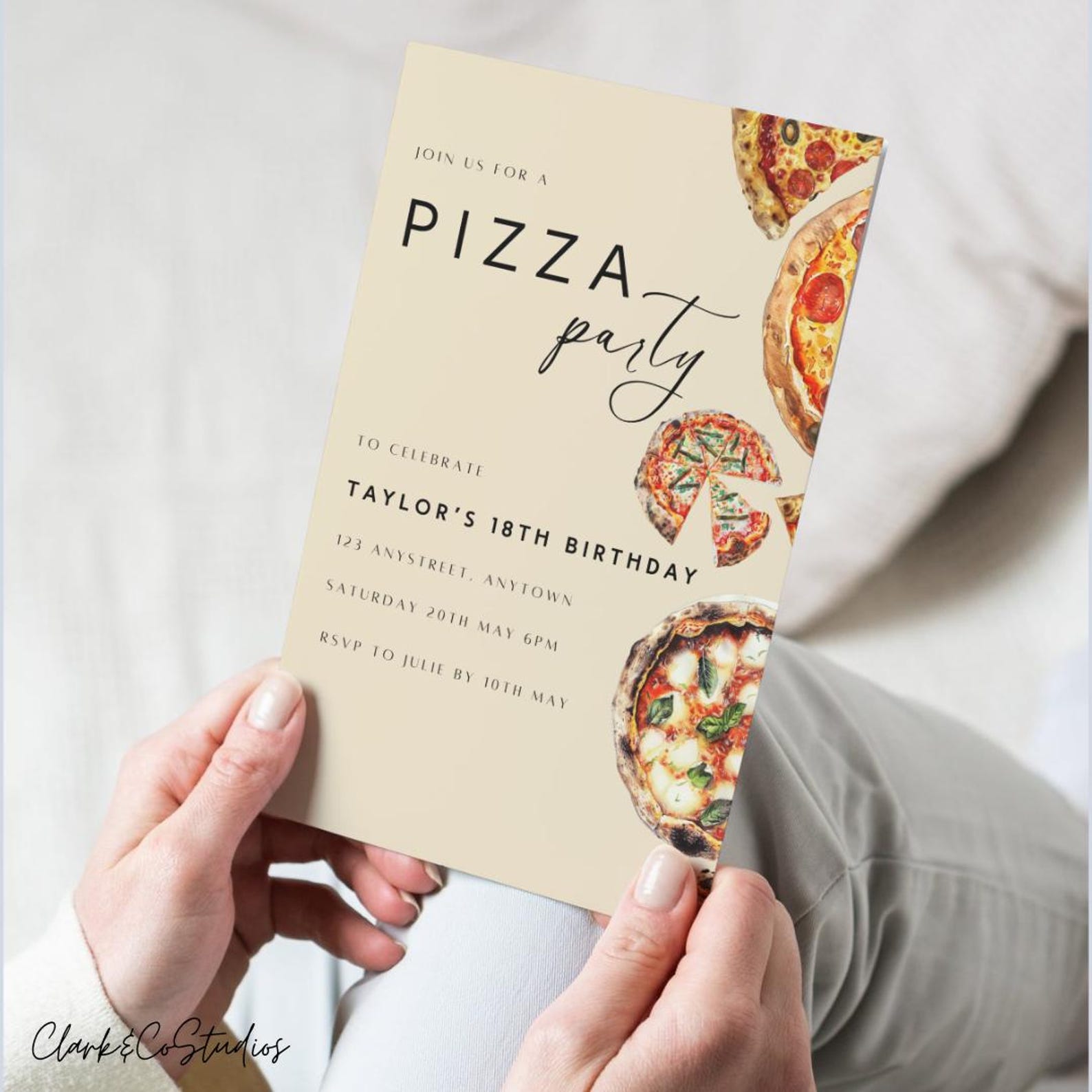 Editable Pizza Party Invitation Template: Watercolor Style (digital ...