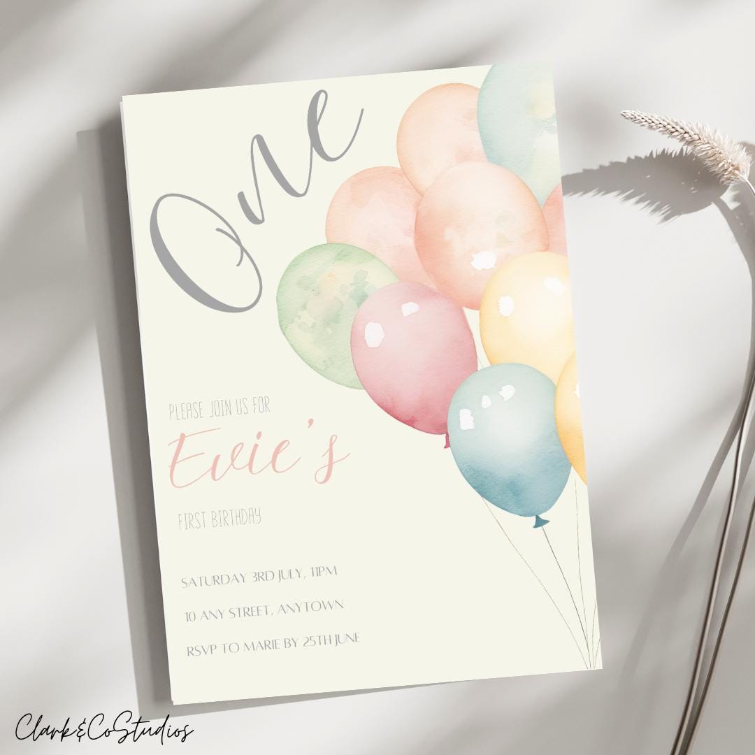 Editable Balloons Birthday Invitation, Digital Invite, Balloons, First ...