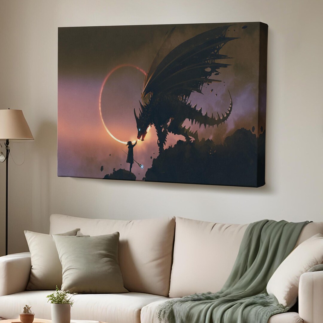 Wizard Scene With A Hand Reaching for A Dragon Decorative Art, Surreal ...