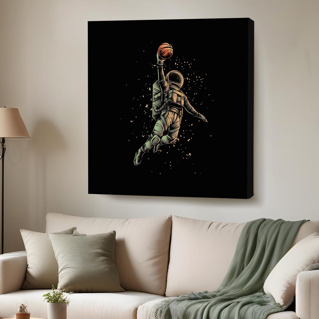 Astronaut Playing Basketball on the Moon Canvas Painting, Minimal ...