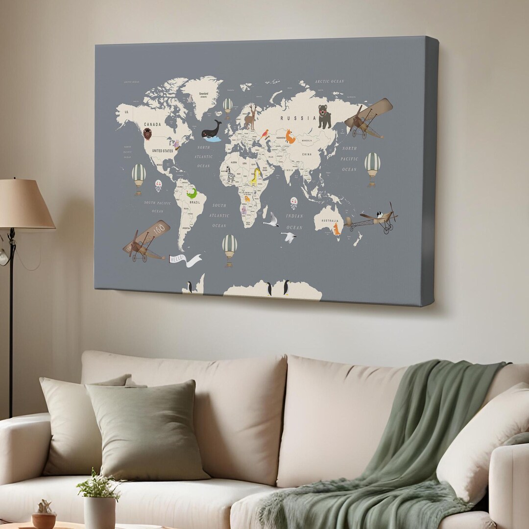 Decorative World Map Canvas Wall Art for Children's Room, Canvas Wall ...