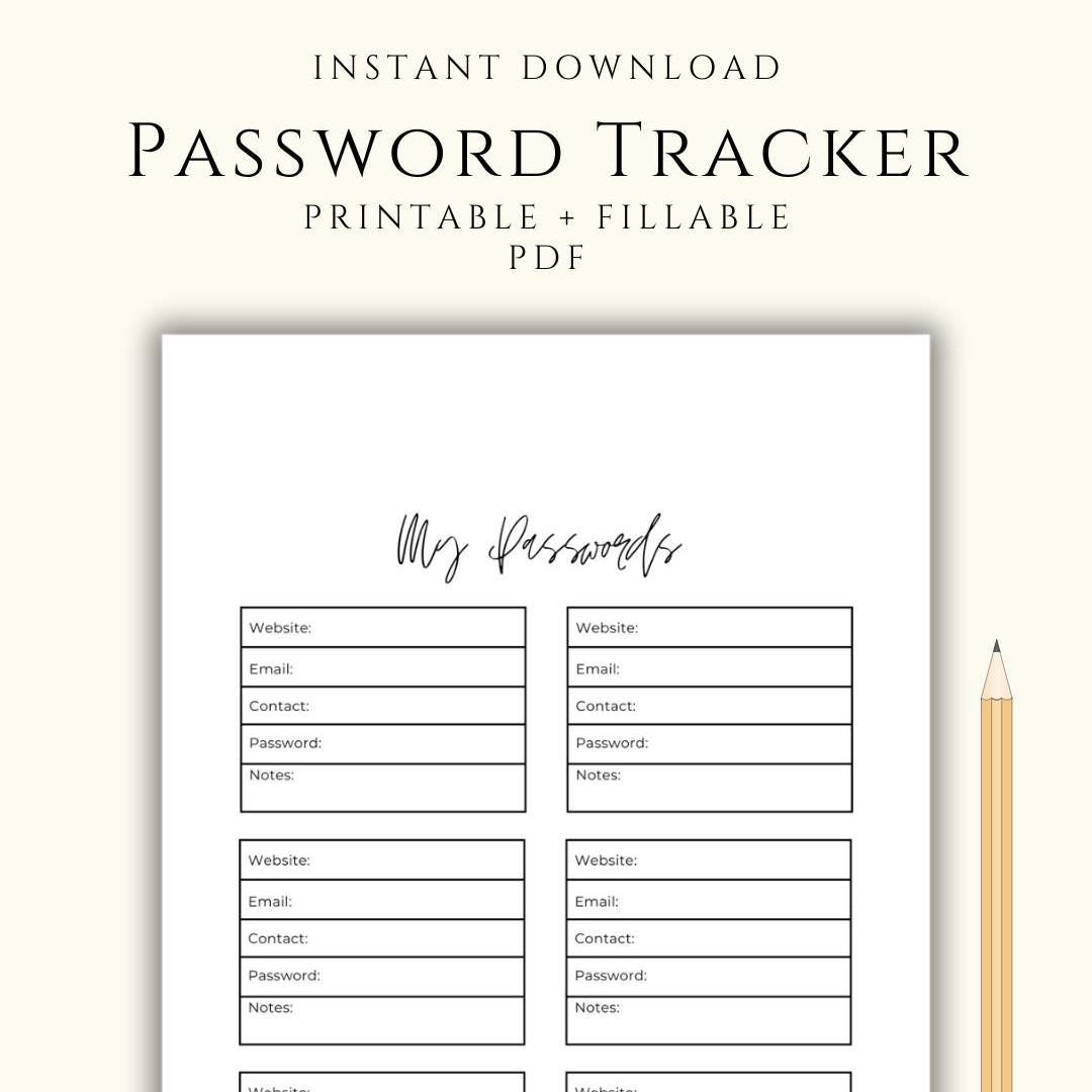 Password Tracker Printable & Fillable, Password Keeper, Password ...
