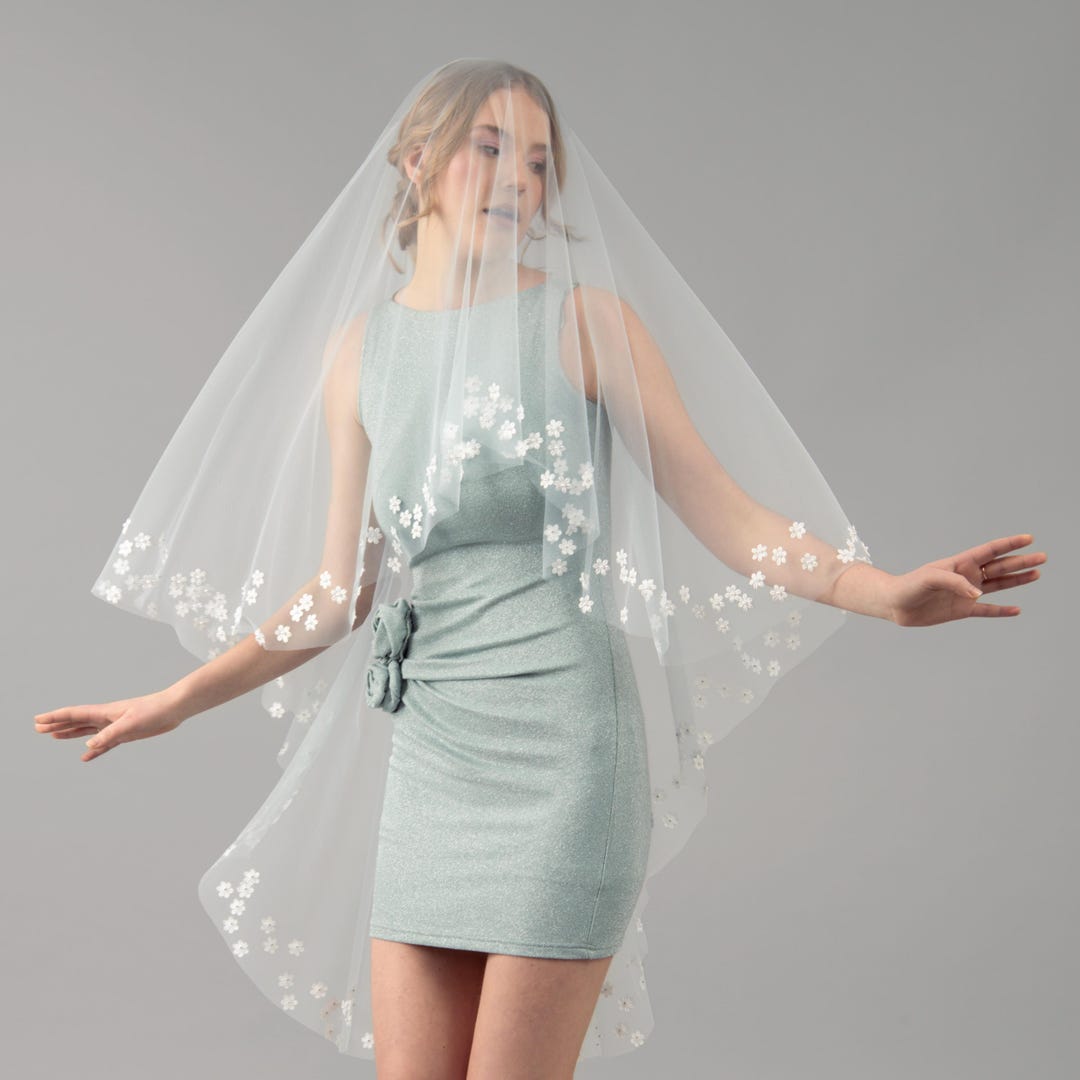 Blue Flower Blusher Wedding Veil - Light Baby Blue Floral Veil, 3D ...
