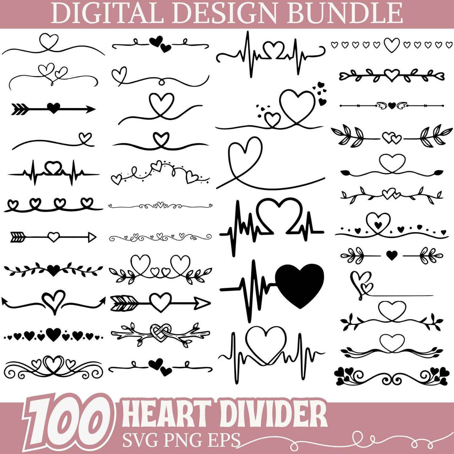 Romantic Heart Divider SVG Bundle With Line Art Borders, Floral Love ...