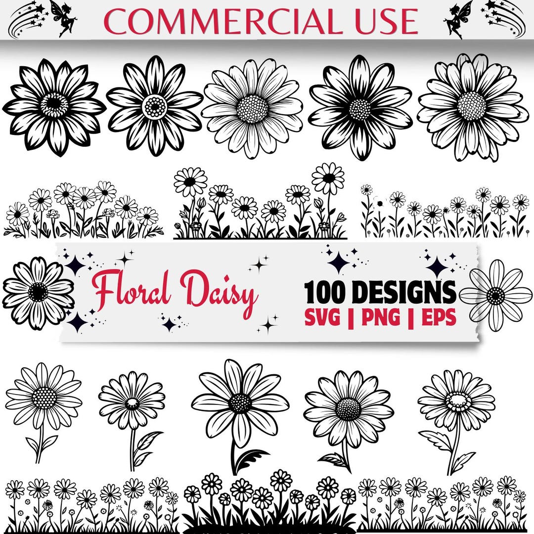 Floral Daisy SVG Bundle, 100 Daisy Flower Line Art, Wildflower Clipart ...