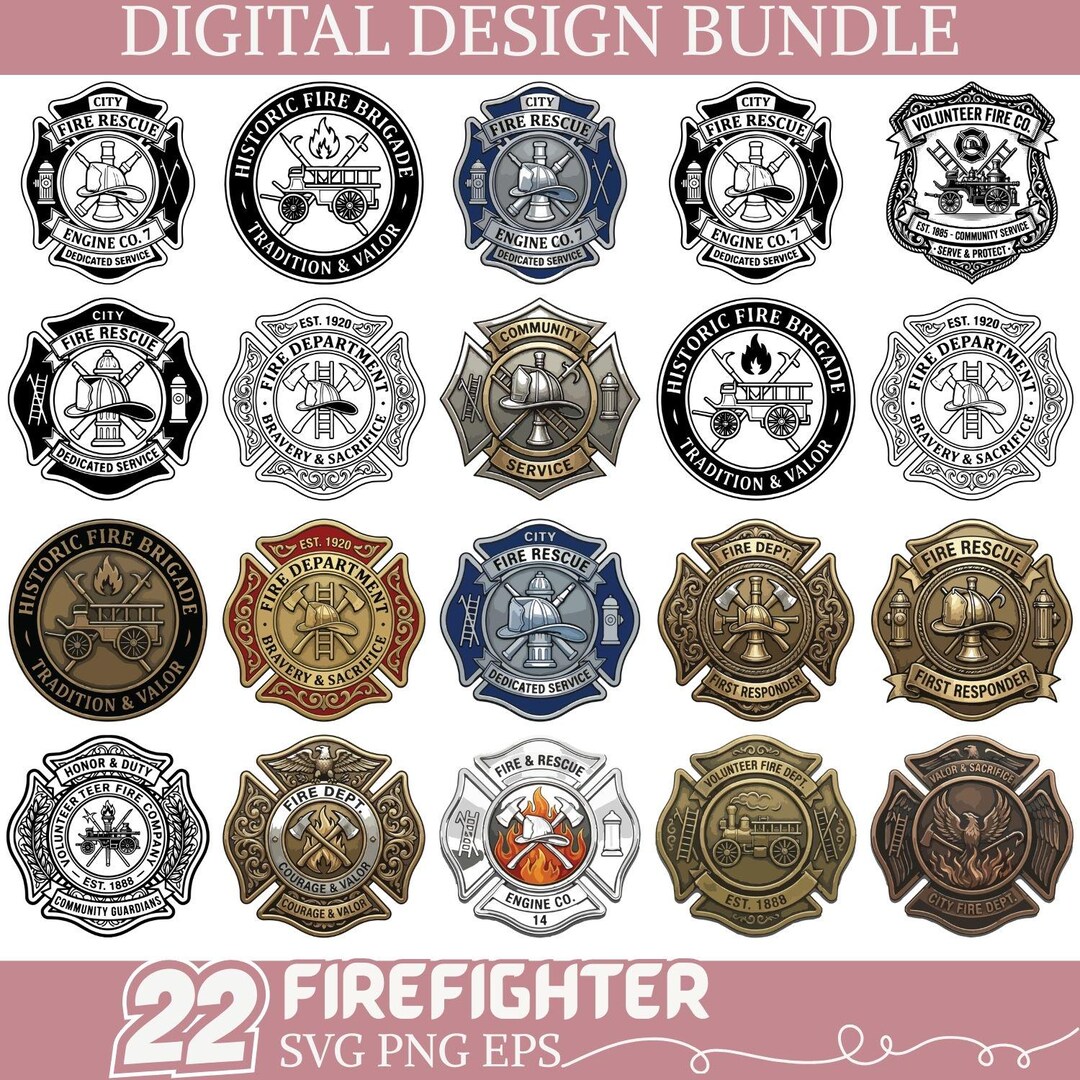 Vintage Firefighter Badge SVG Bundle, Fire Rescue Emblems (png, Eps ...