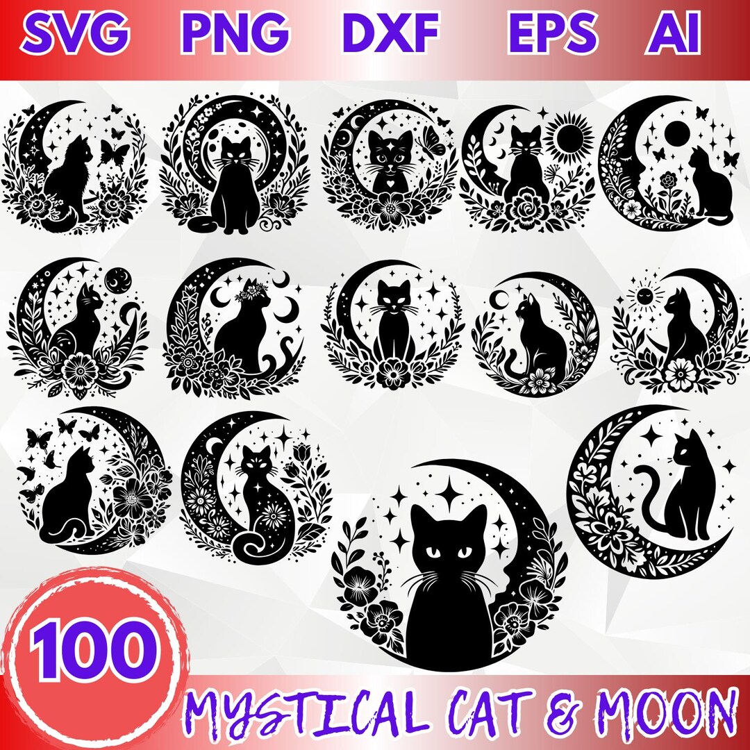 Mystical Cat and Moon SVG Bundle, 100 Witchy Cat Silhouettes, Magical ...