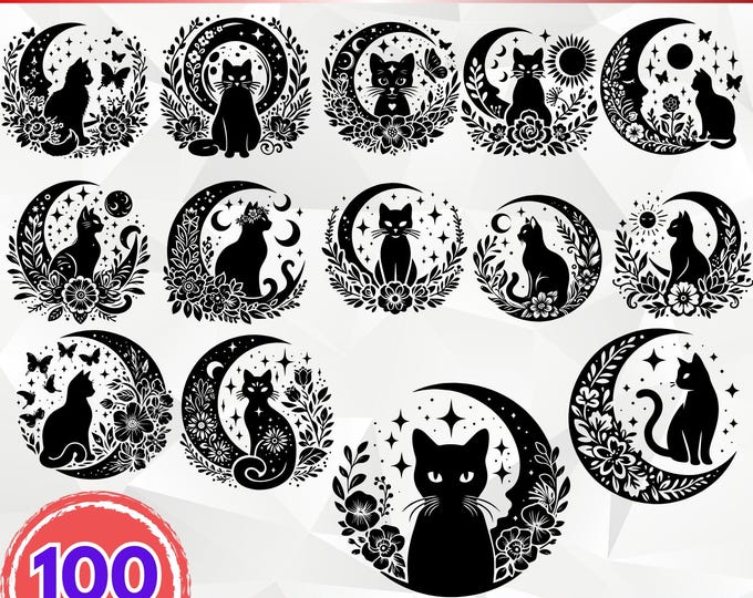 Mystical Cat and Moon SVG Designs Bundle | Witchy Cat Clipart | Moon ...