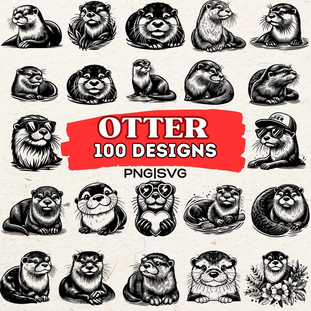 Otter SVG Bundle, Cute Otter Clipart PNG, Hand Drawn Otter Designs ...