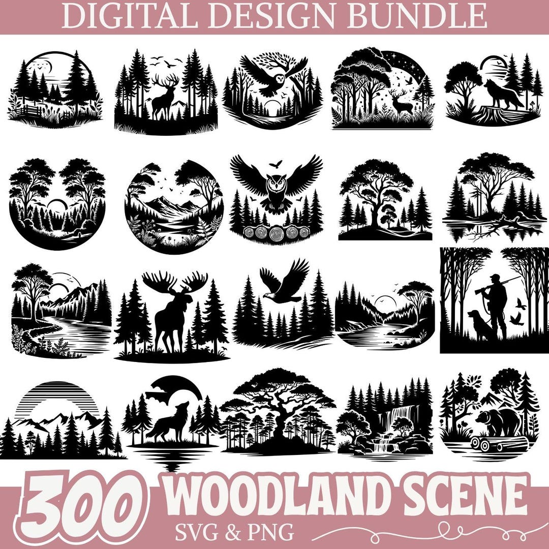 Woodland Scene SVG Bundle, Forest Animal Silhouette Clipart, Deer Bear ...