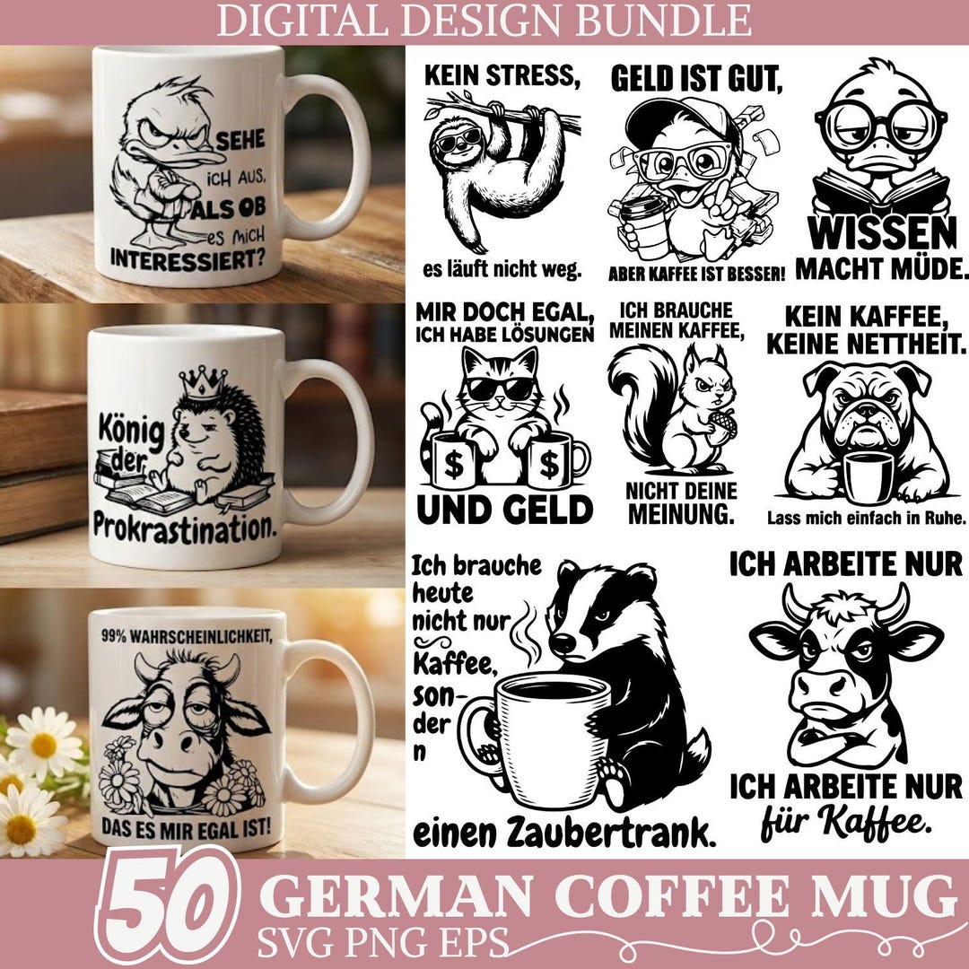 Funny German Coffee Mug SVG Bundle, 50 Sarcastic Quotes, Animal Line ...