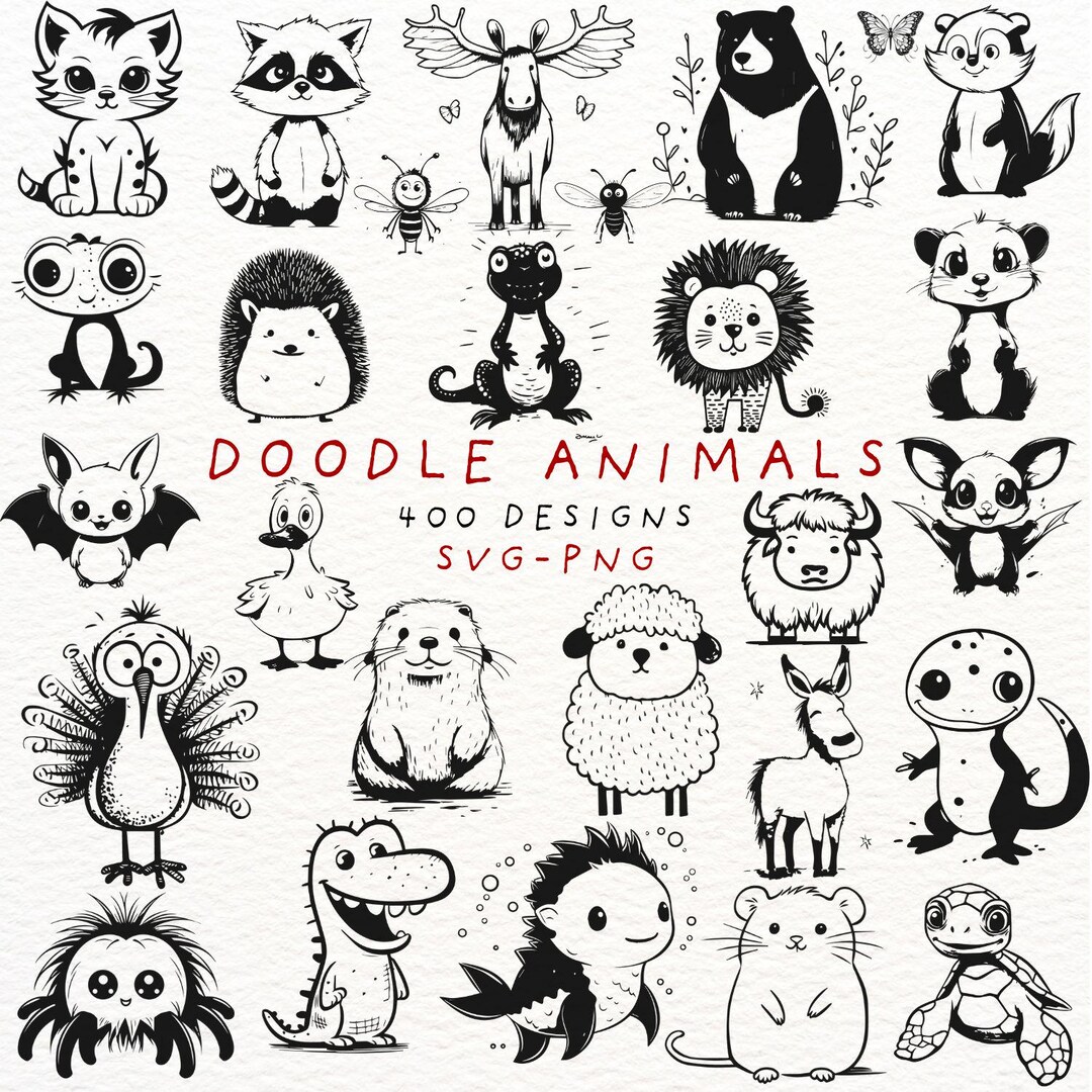 Cute Doodle Animals Clipart Bundle, Hand-drawn SVG PNG Designs for ...