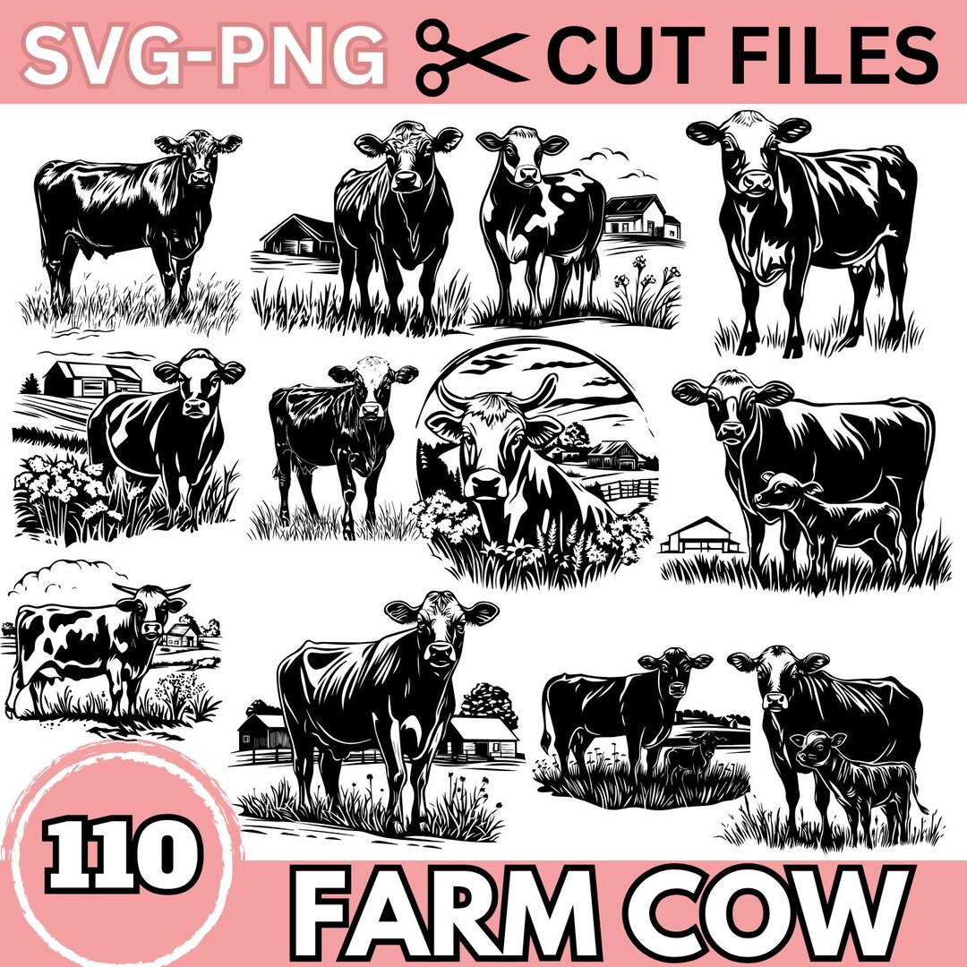 Farm Cow SVG PNG Cut Files, Cattle Silhouette Clipart, Rustic Farmhouse ...
