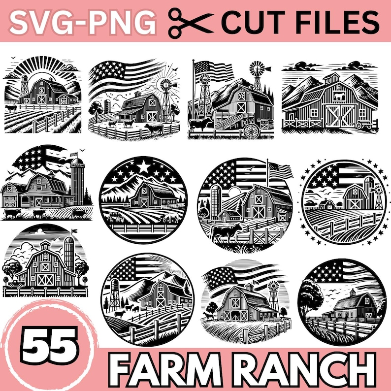 Farm Ranch SVG Bundle – Barnyard and Rural Landscape Designs for Cricut ...