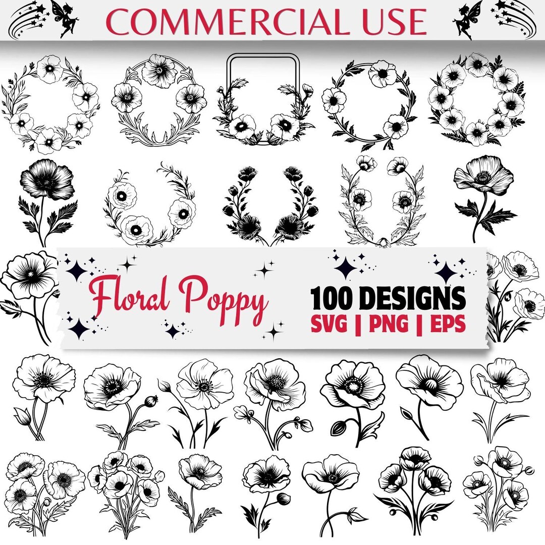 Floral Poppy SVG Bundle, 100 Hand Drawn Flower Clipart, Black and White ...