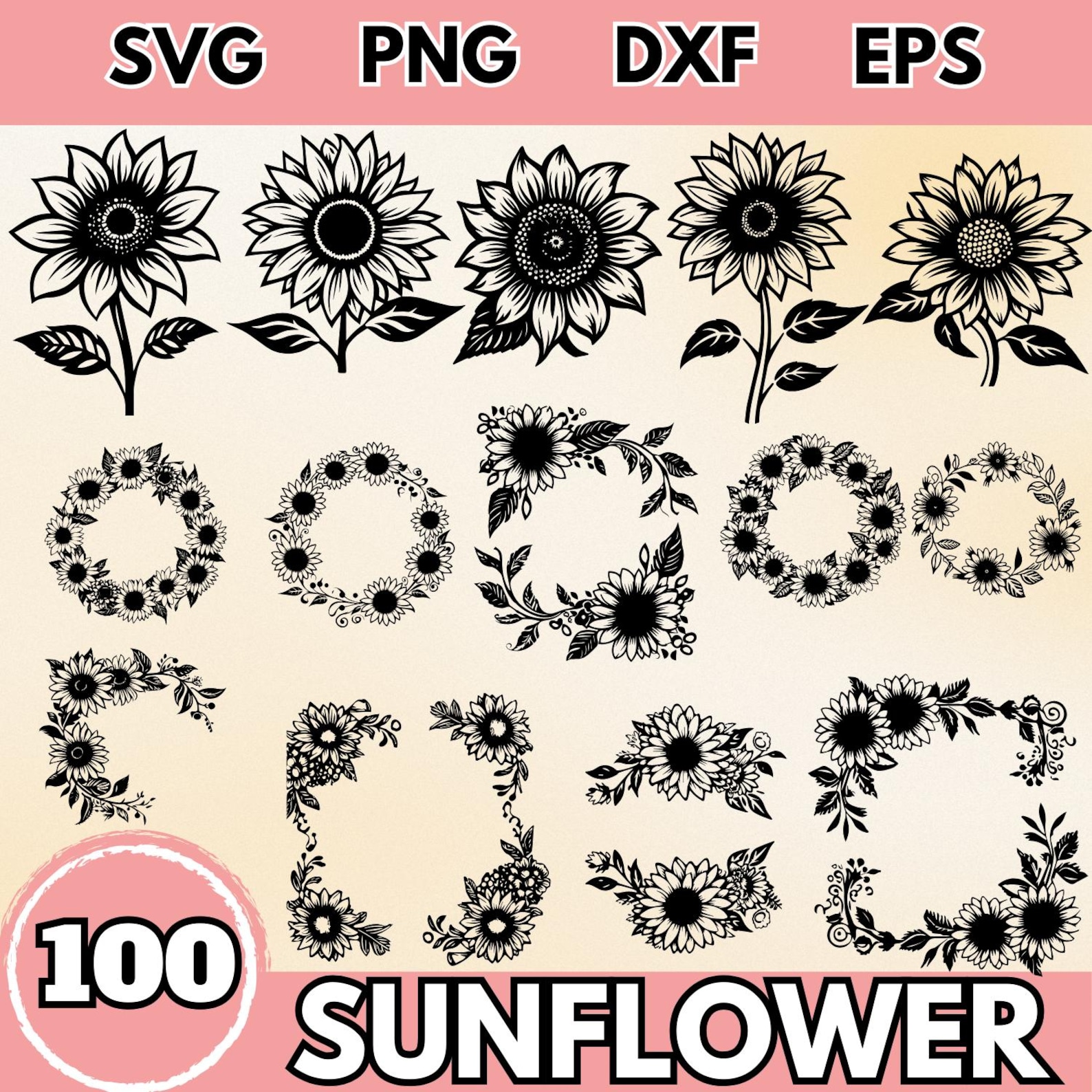 Sunflower SVG Bundle, Sunflower Wreath Clipart, Floral Sunflower Cut ...