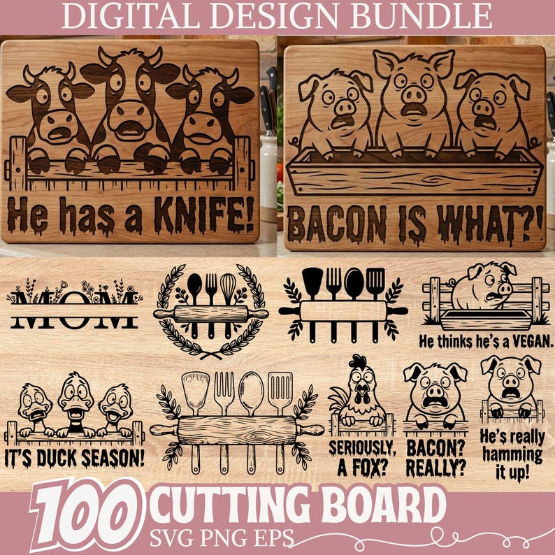 Farm Animal Cutting Board SVG Bundle With Funny Kitchen Quotes, Cow Pig ...