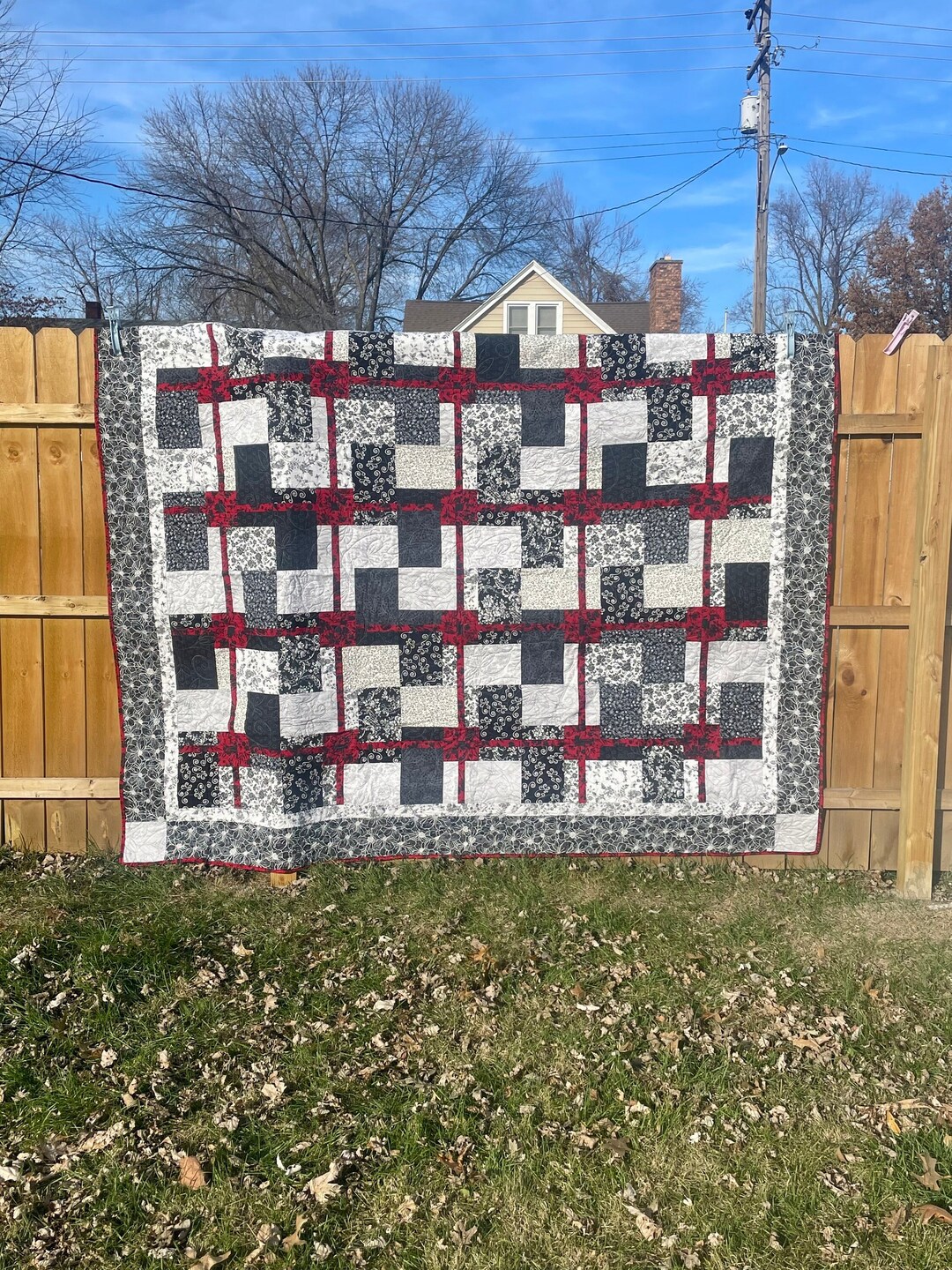 Red and Black Queen Size Quilt, Red Flower Quilted Blanket, Geometric ...