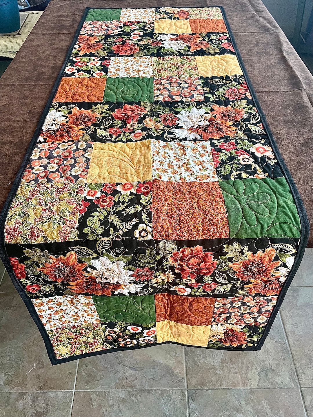 Orange and Gold Flowers Quilted Table Runner, Red Orange Table Topper ...