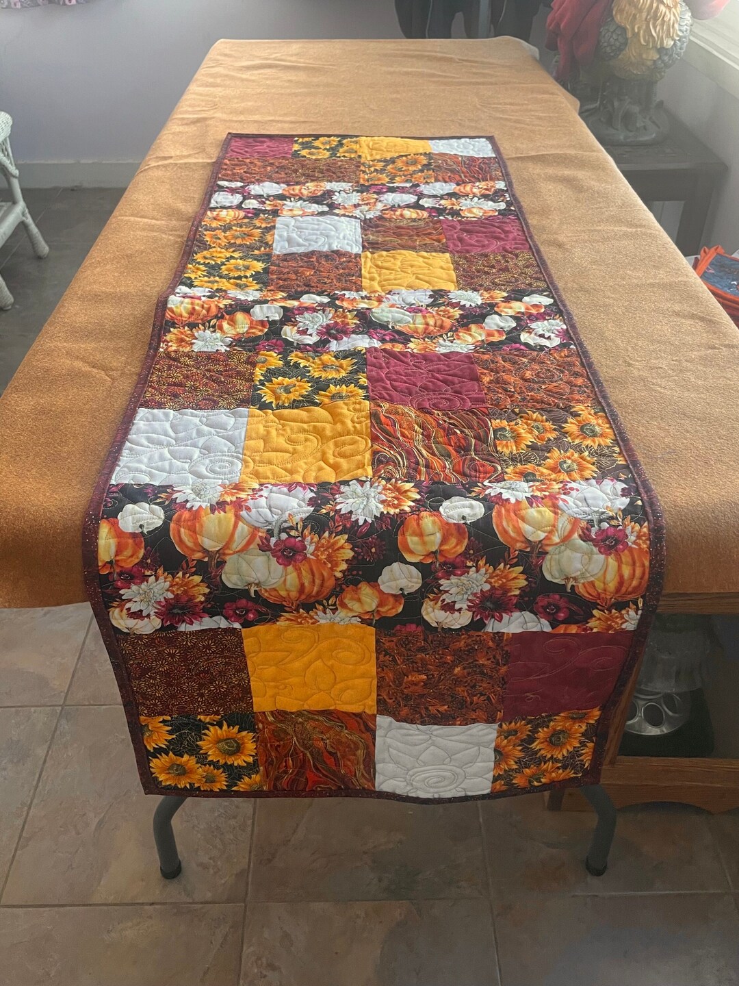 White Pumpkins and Flowers Quilted Table Runner, Orange Fall Harvest ...