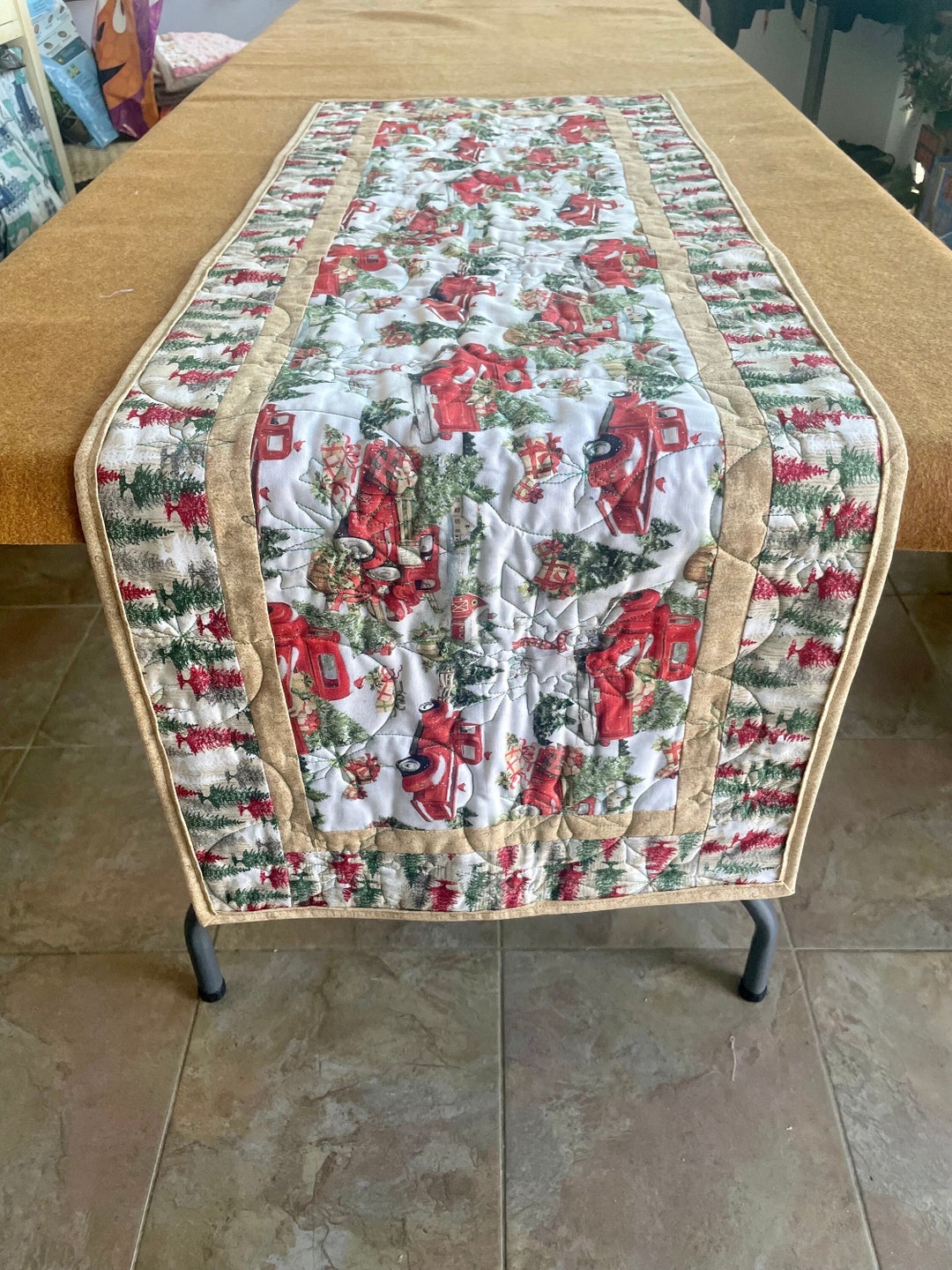 Christmas Red Truck Table Runner, Red Quilted Winter Table Topper ...