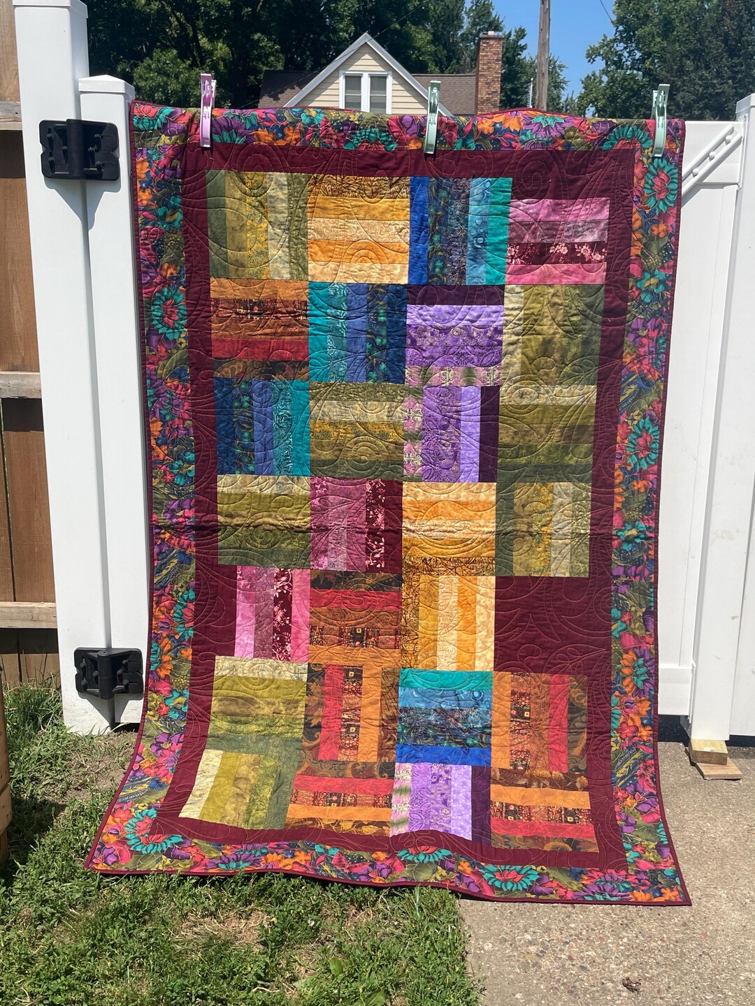 Rainbow Throw Quilt, Extra Large Table Runner, Rainbow and Gold Quilted ...