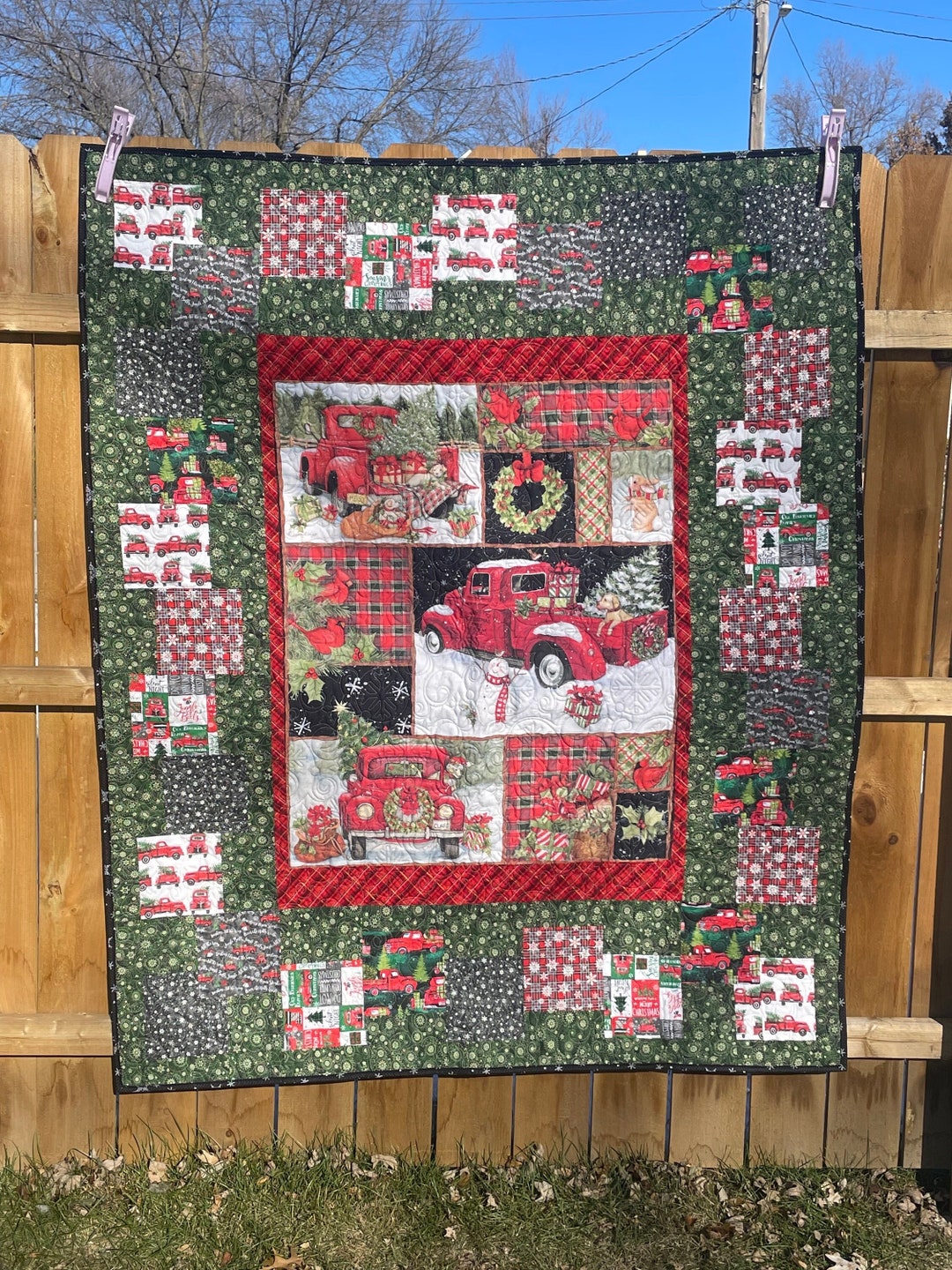 Christmas Red Truck Quilt, Red Farm Truck Christmas Blanket, Farmhouse ...