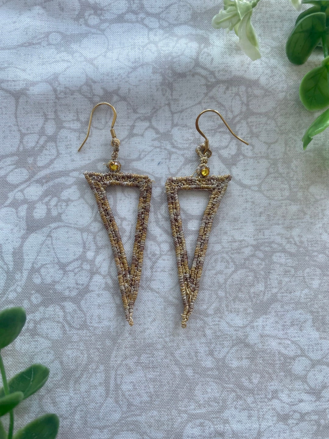 Gold Triangle Dangle Earrings, Tan Embroidered Earrings, Brown Lace ...