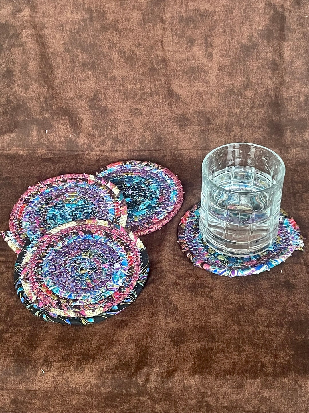 Purple and Blue Clothesline and Fabric Coaster Set of 4, Oversized ...