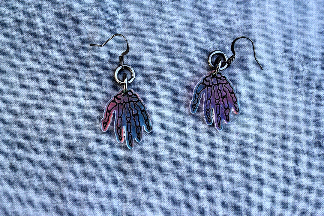 Holographic Skeleton Hand Earrings Black Halloween Jewelry - Etsy