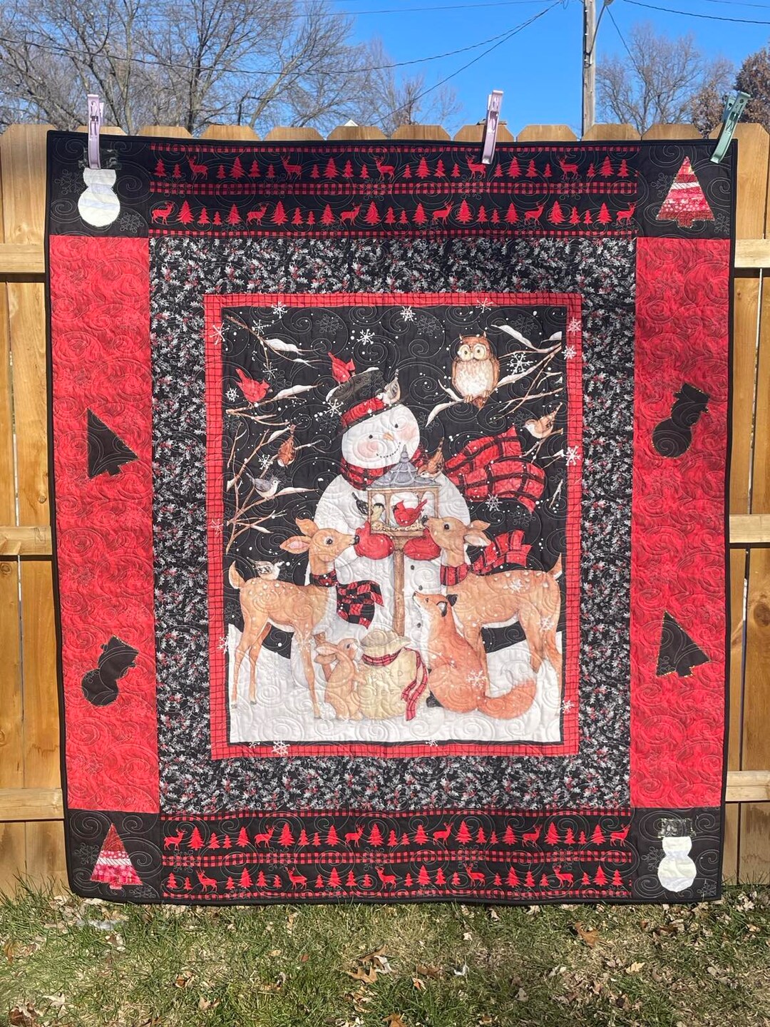 Christmas Snowman Quilt, Reverse Applique Christmas Blanket, Rustic ...