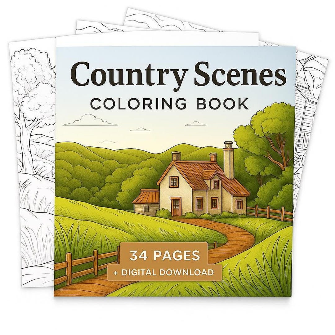 Countryside Cottage Coloring Book | Scenic Relaxation Art (digital ...