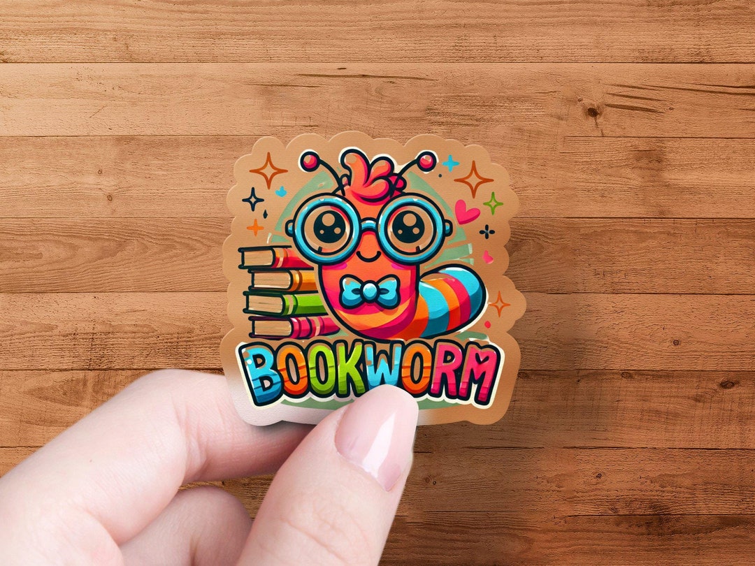 Cute Bookworm Sticker for Book Lovers, Colorful Cartoon Bookworm With ...