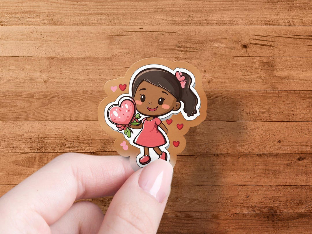 Cute Girl Holding Heart Sticker, Adorable Kids Stickers, Cartoon ...