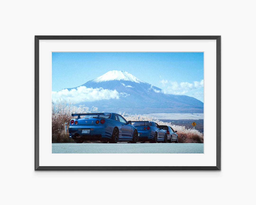 JDM Cars Print, Blue Nissan Skyline, Fuji Mountain in Japan, Sports Car ...